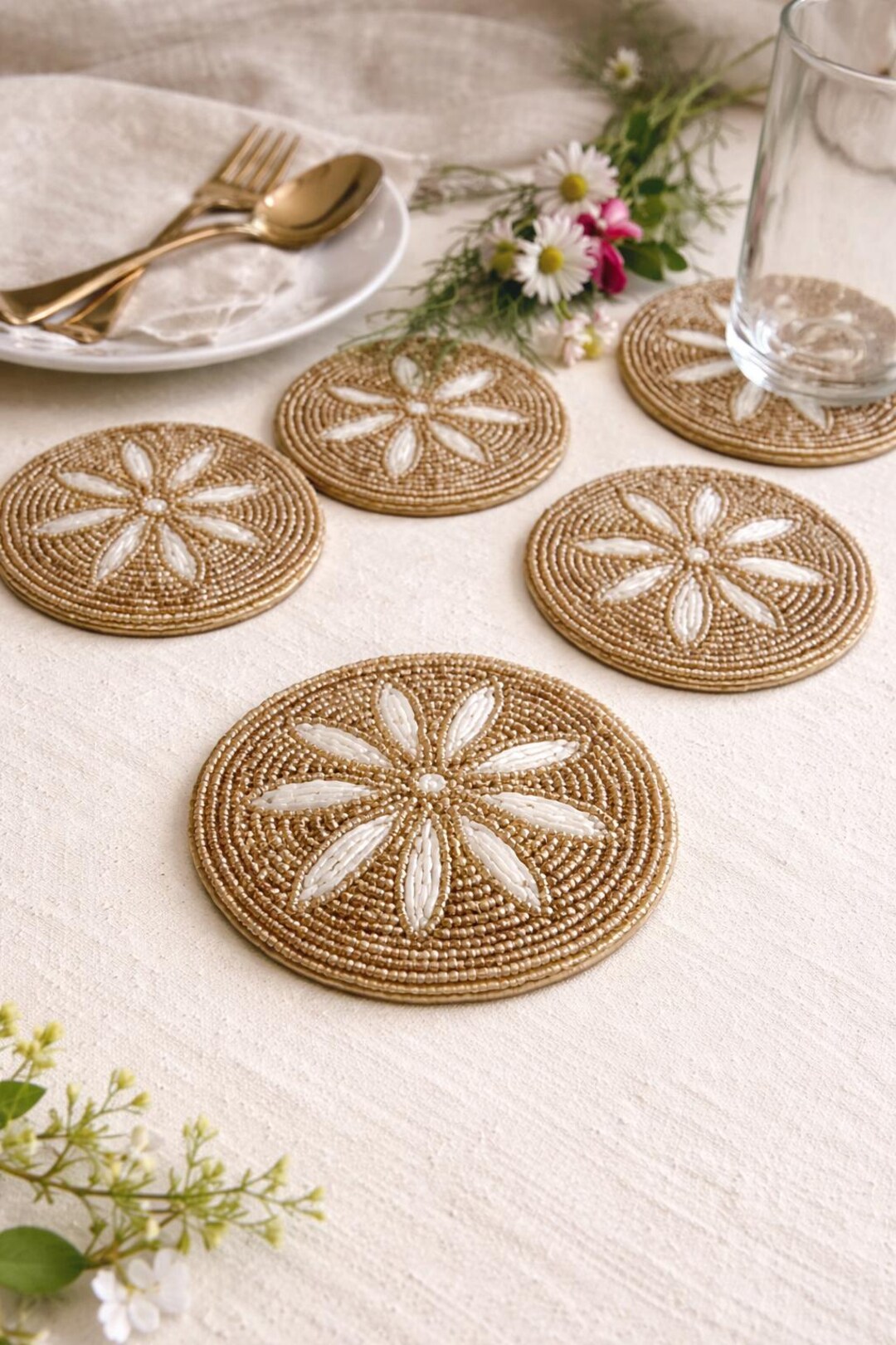 Handmade Gold & White Beaded Coasters | Floral Round Boho Drink ...