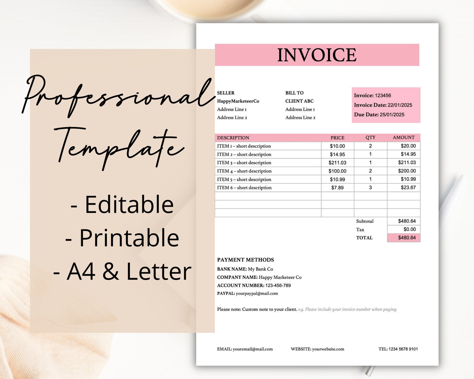 Pink Editable Invoice Template, Printable Business Invoice Form, Edit ...