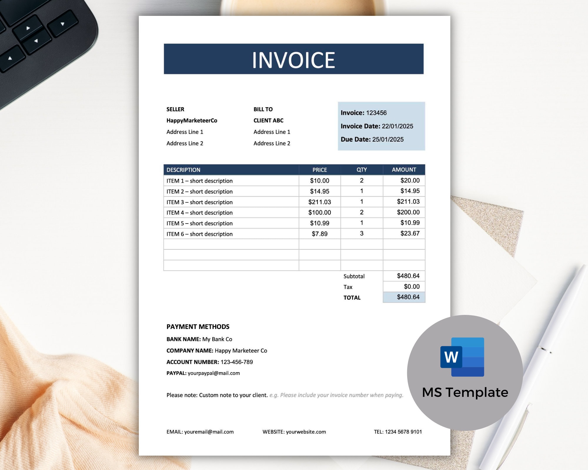 Invoice Template Word Navy Blue Business Printable Invoice - Etsy