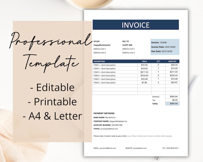 Invoice Template Word Navy Blue Business Printable Invoice | Etsy