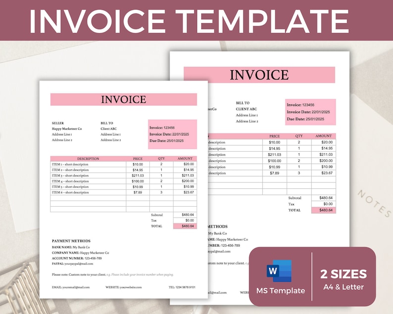 Pink Editable Invoice Template, Printable Business Invoice Form, Edit ...