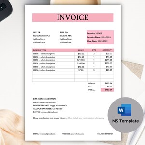 Pink Editable Invoice Template, Printable Business Invoice Form, Edit ...