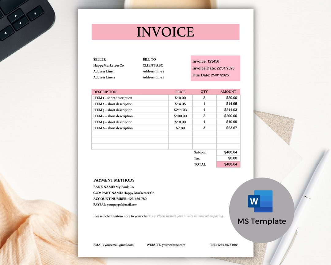 Invoice Template, Pink Business Printable Invoice, Editable MS Word ...