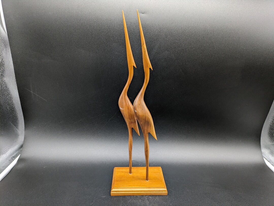 Walnut Heron Crane Pair 43.8 Cm Heron Bird Figure Wood Wooden Mid ...