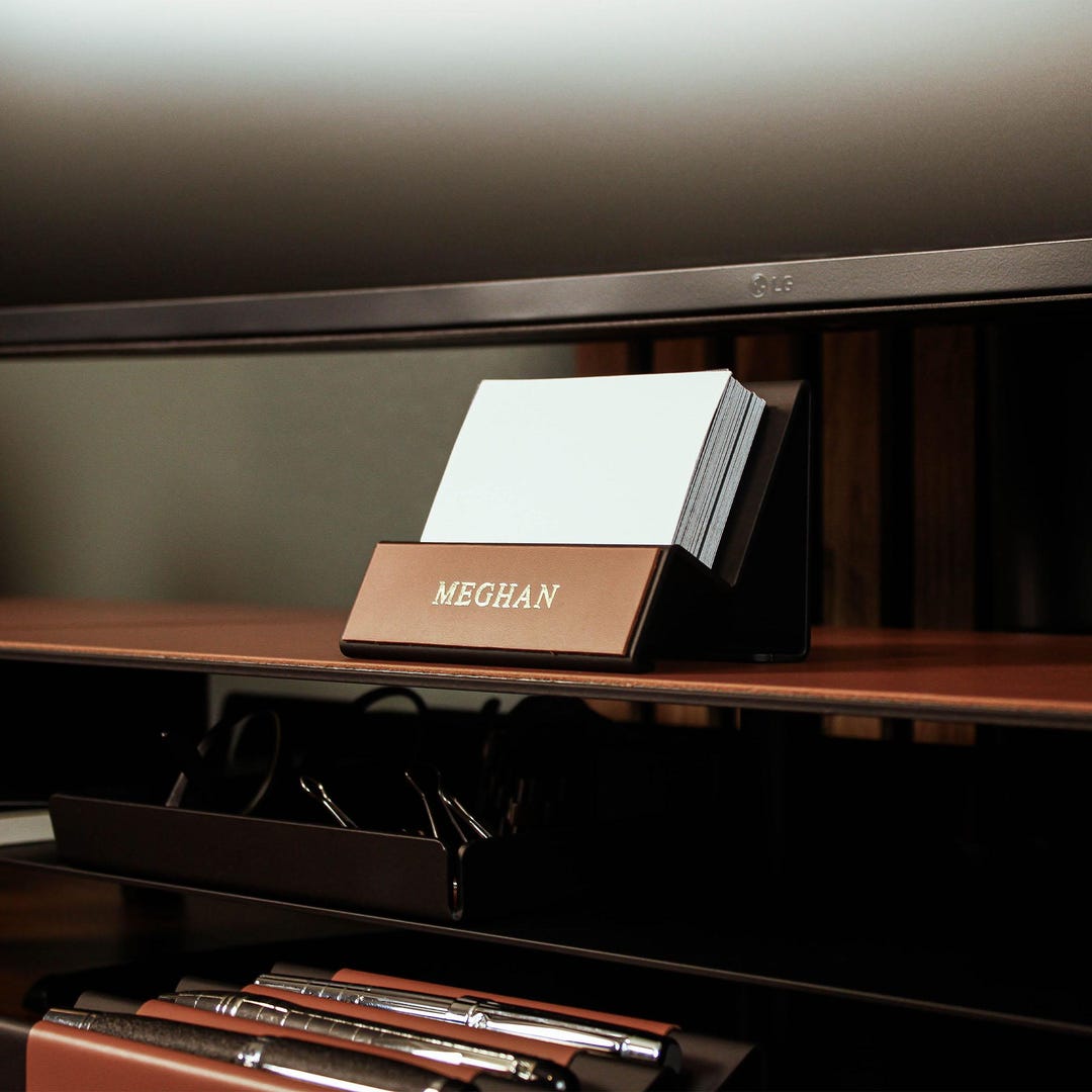 Personalized Business Card Holder for Desk | Engraved Leather Office ...