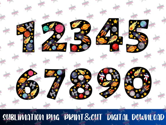 Space Numbers 0-9 Black and Colored PNG Print&cut - Etsy