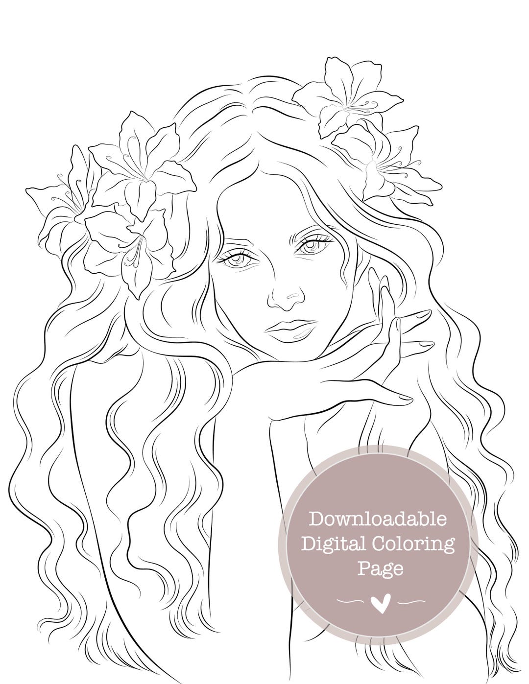 Minimalist Lineart Printable Coloring Page Florals Woman Portrait ...