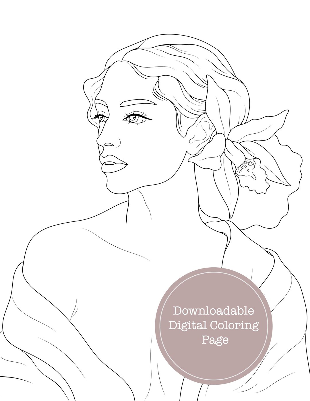 Minimalist Lineart Printable Coloring Page Florals Woman Portrait ...