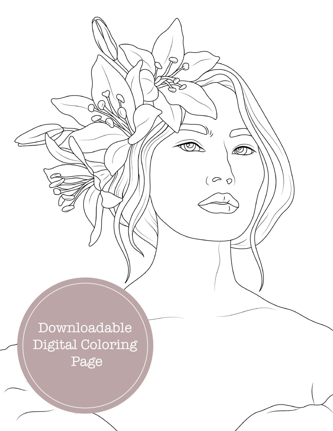 Minimalist Lineart Printable Coloring Page Florals Woman Portrait ...