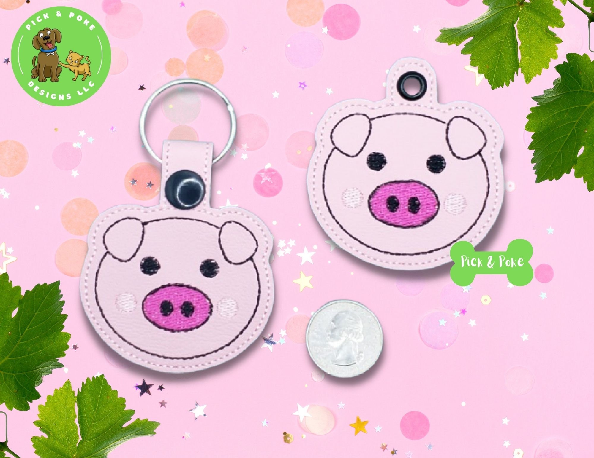 ITH Key Fob Cute Pig Face Outline Snap Tab and Eyelet in the Hoop ...