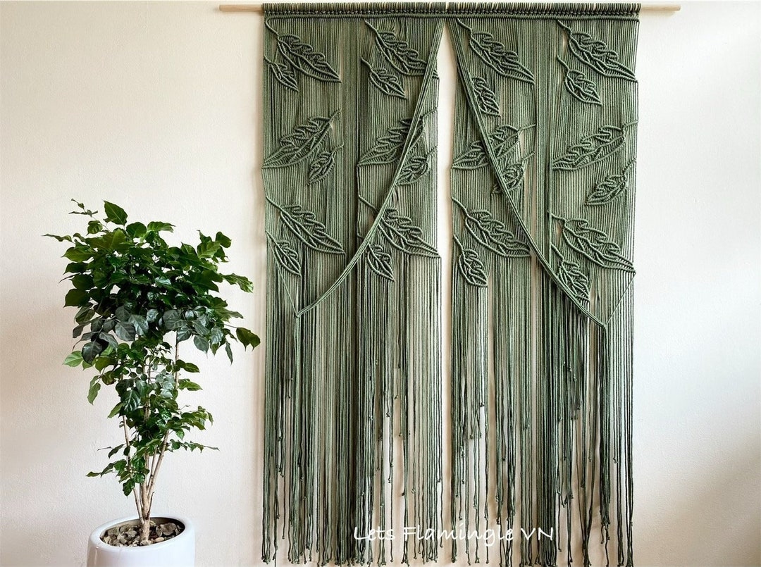 Macrame Long Doorway Curtain, Long Boho Crochet Curtains, Olive Macrame ...
