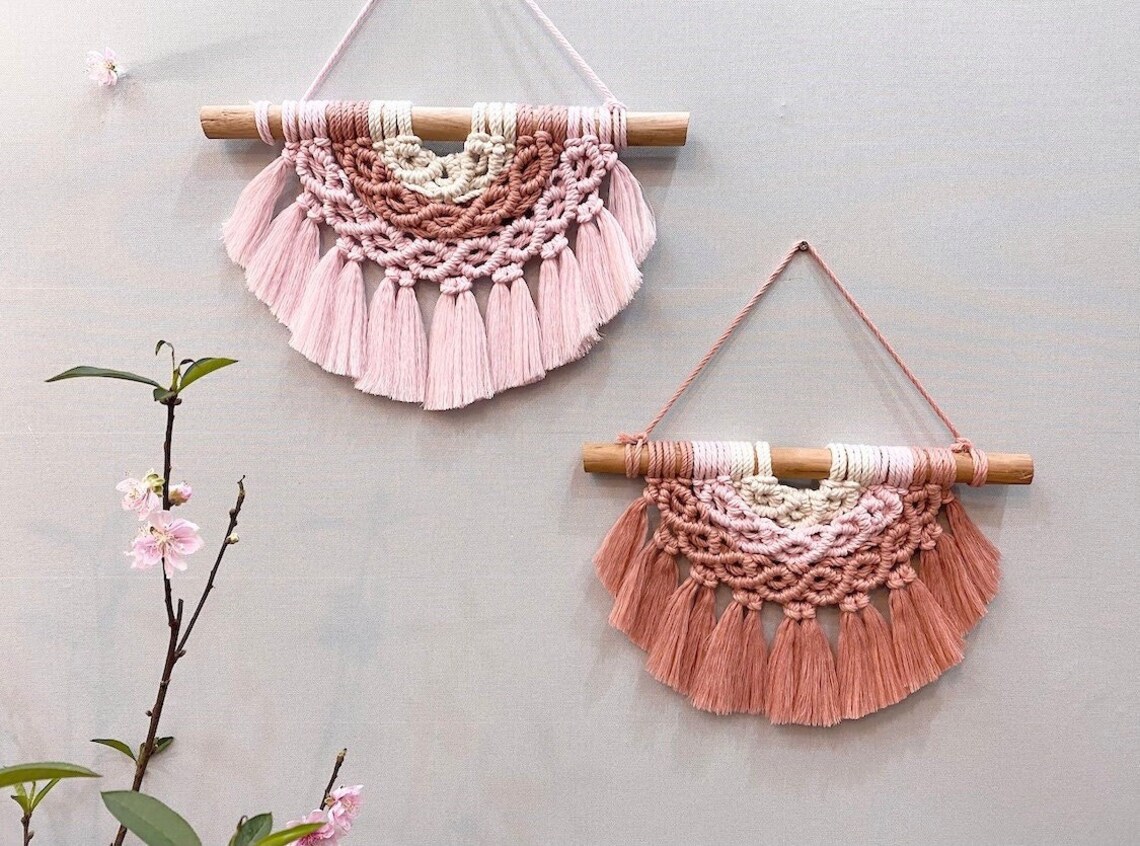 Macrame Wall Hanging Pink Set Vintage Wall Decor Nursery - Etsy