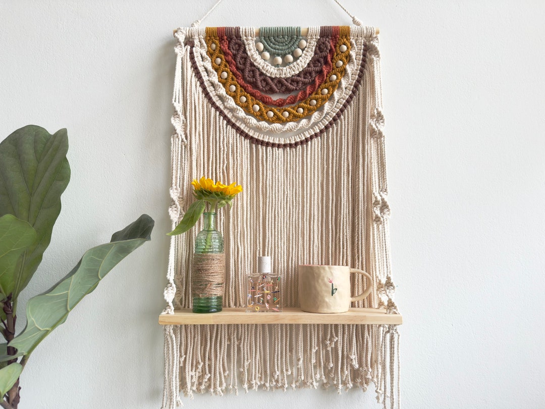 Macrame Boho Shelf, Wooden Shelf Macrame, Handmade Macrame Floating Shelf, Macrame Shelves Wall ...