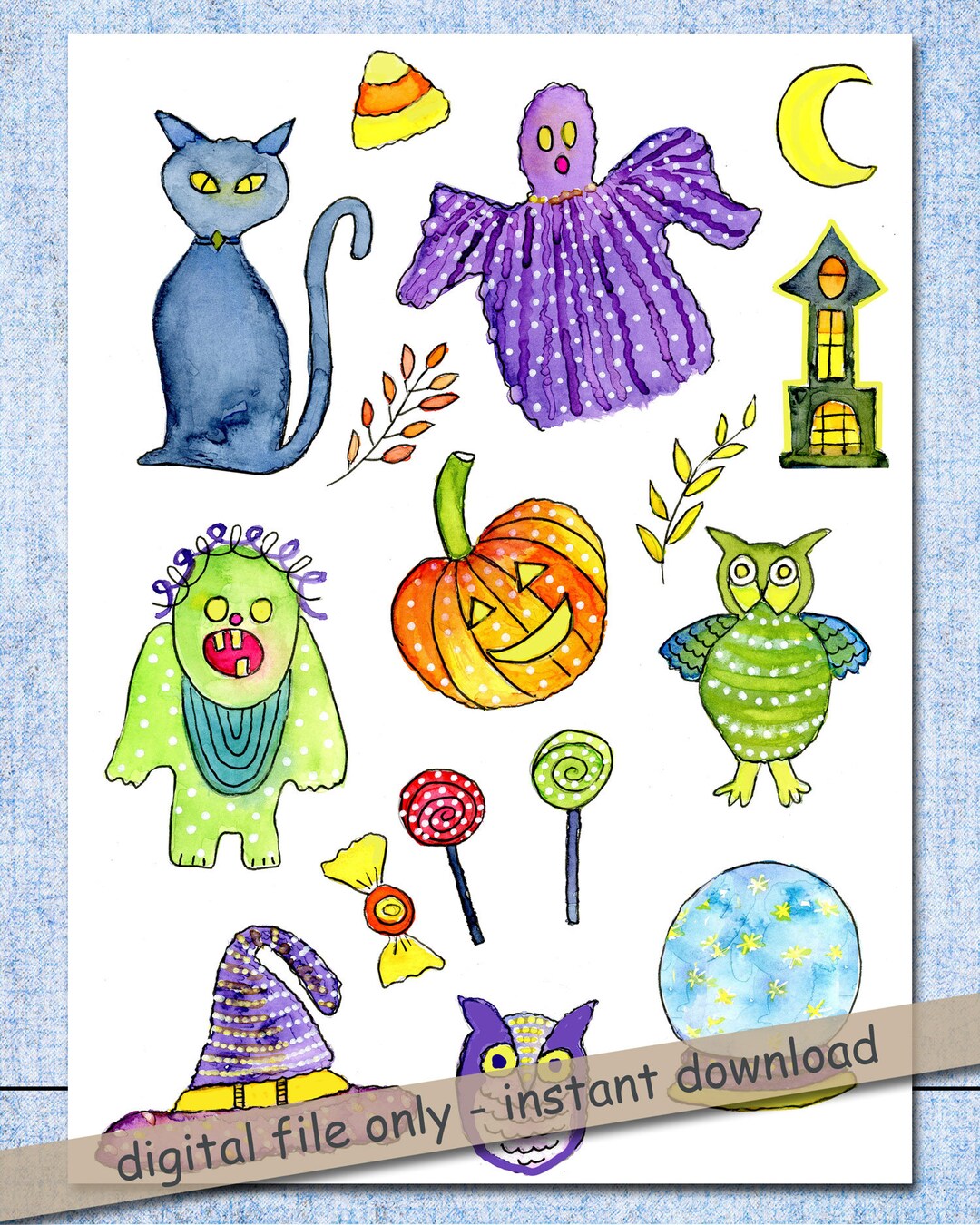 Halloween Doodles, Black Cat Drawing, Purple Witch's Hat, Green Monster ...