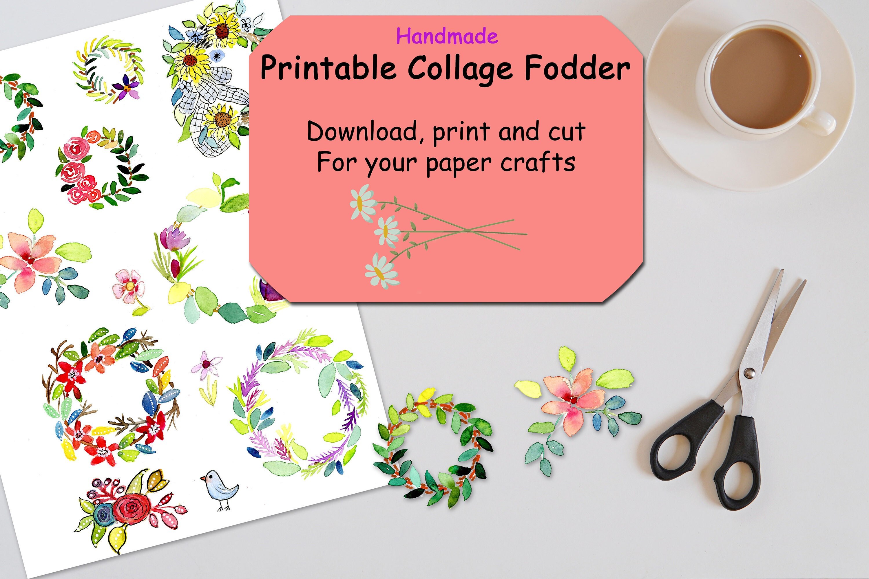 Printable Hand Painted Collage Fodder, Pastel Spring Wreaths, Art ...