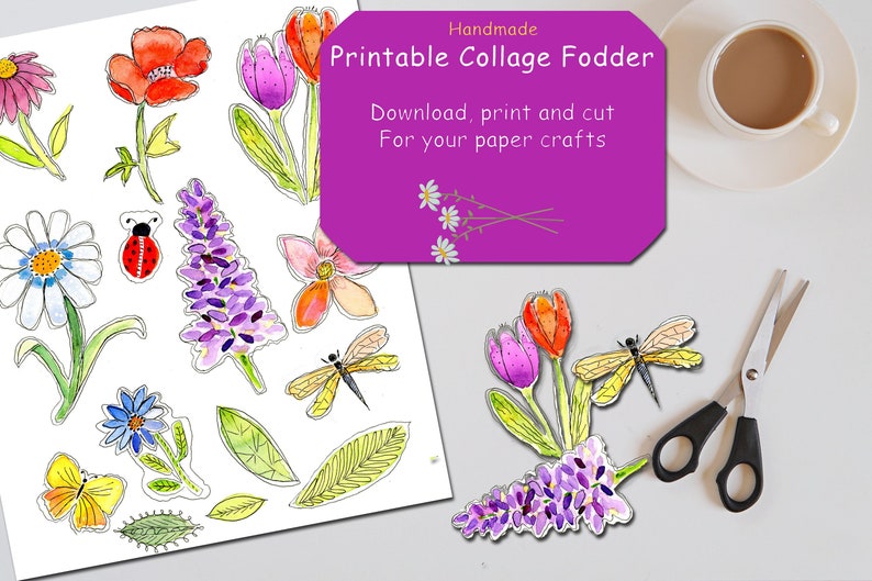 Printable Hand Painted Collage Fodder, Spring Flowers, Art ...