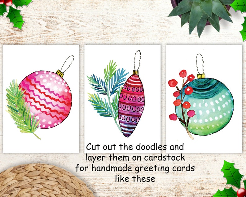 Printable Hand Painted Collage Fodder With Retro Christmas Ornaments in ...