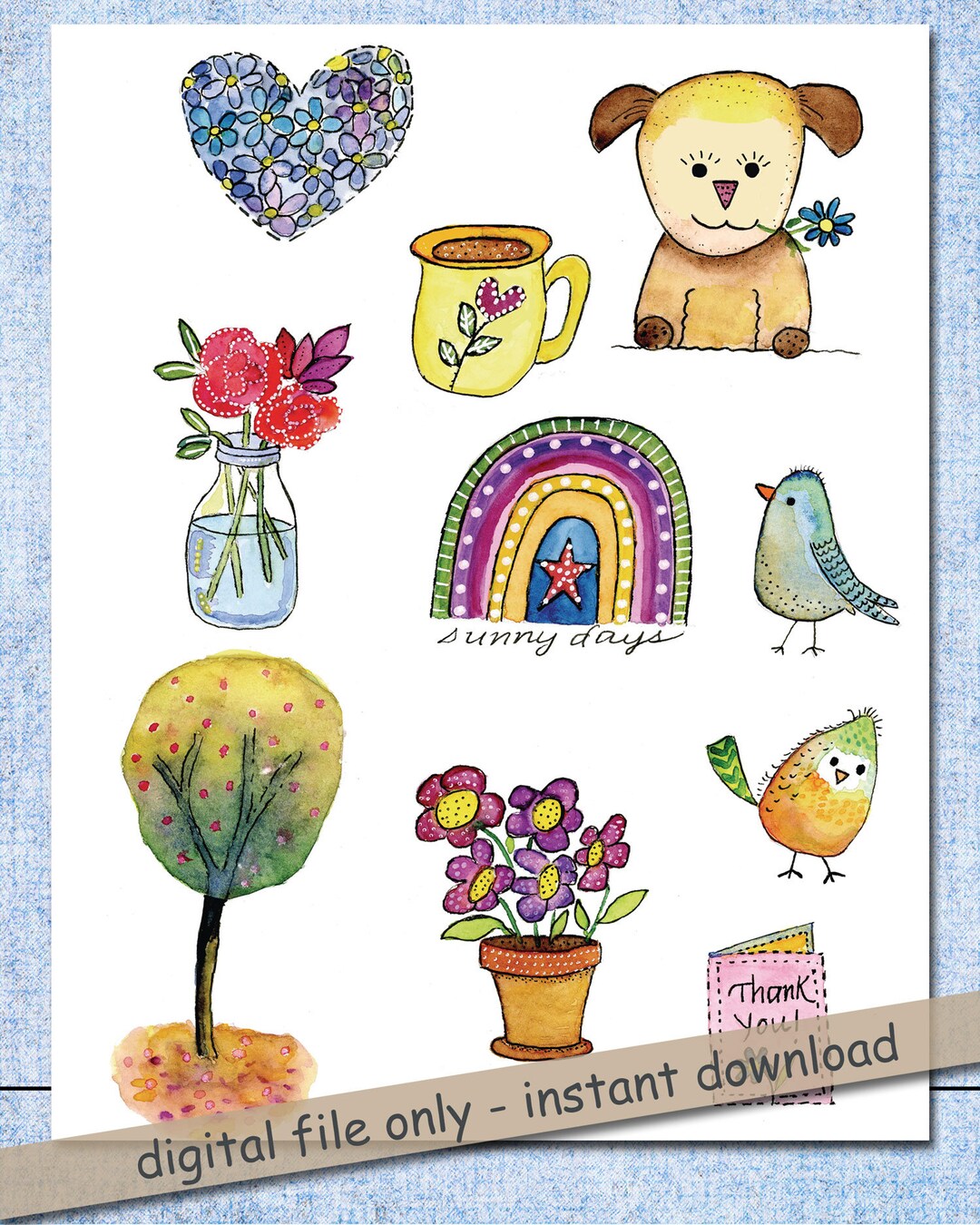 Printable Hand Painted Collage Fodder, Puppy and Bird Doodles, Art ...