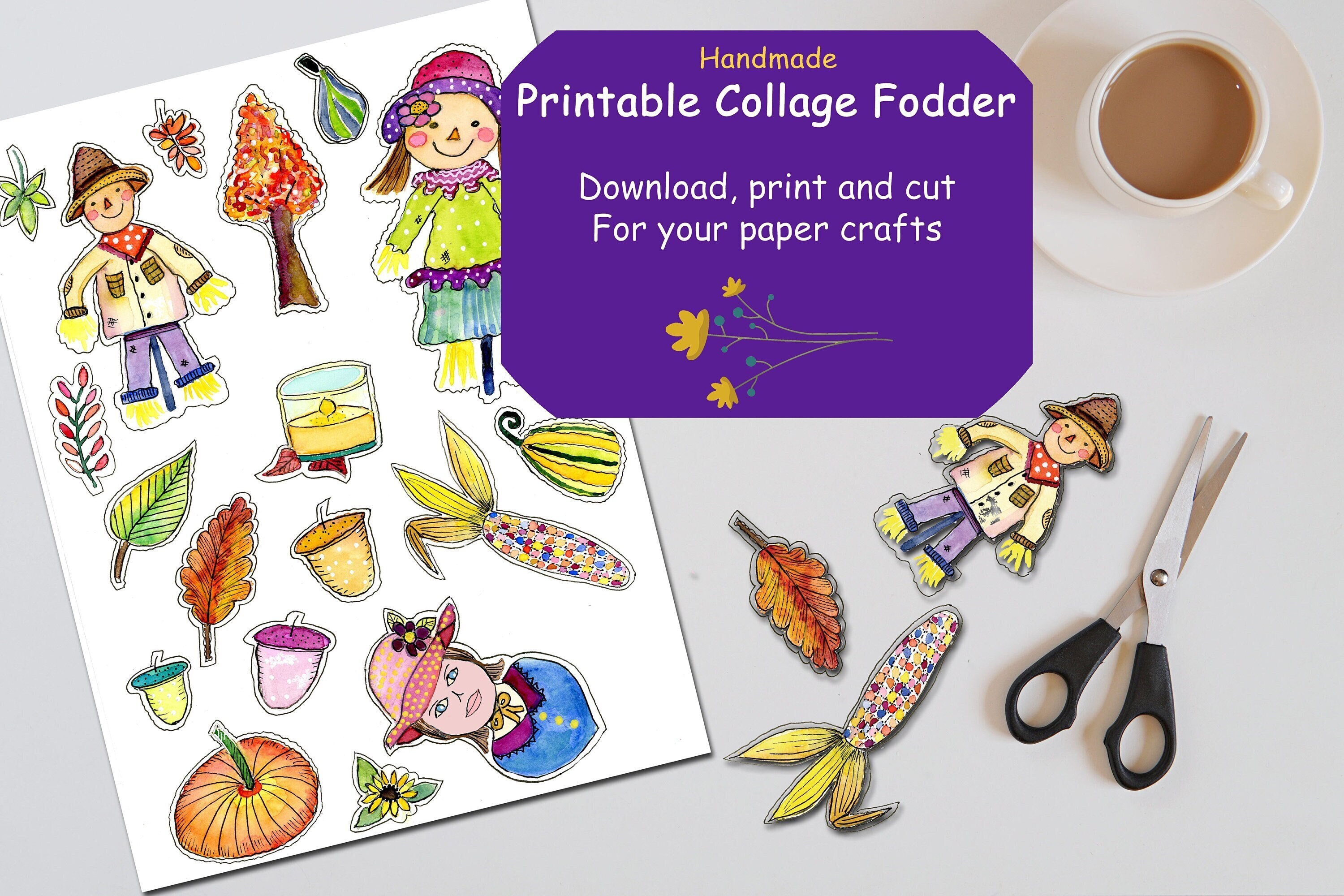 Printable Hand Painted Collage Fodder, Cute Scarecrows, Art Journaling ...