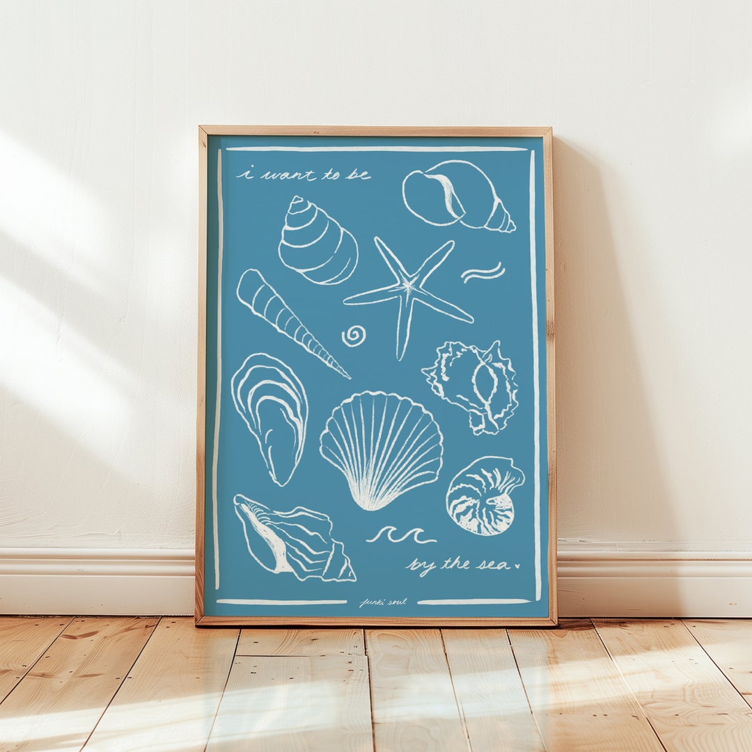 Shells Print, Blue and White Art, Summer Print, Ocean Poster, Aesthetic ...