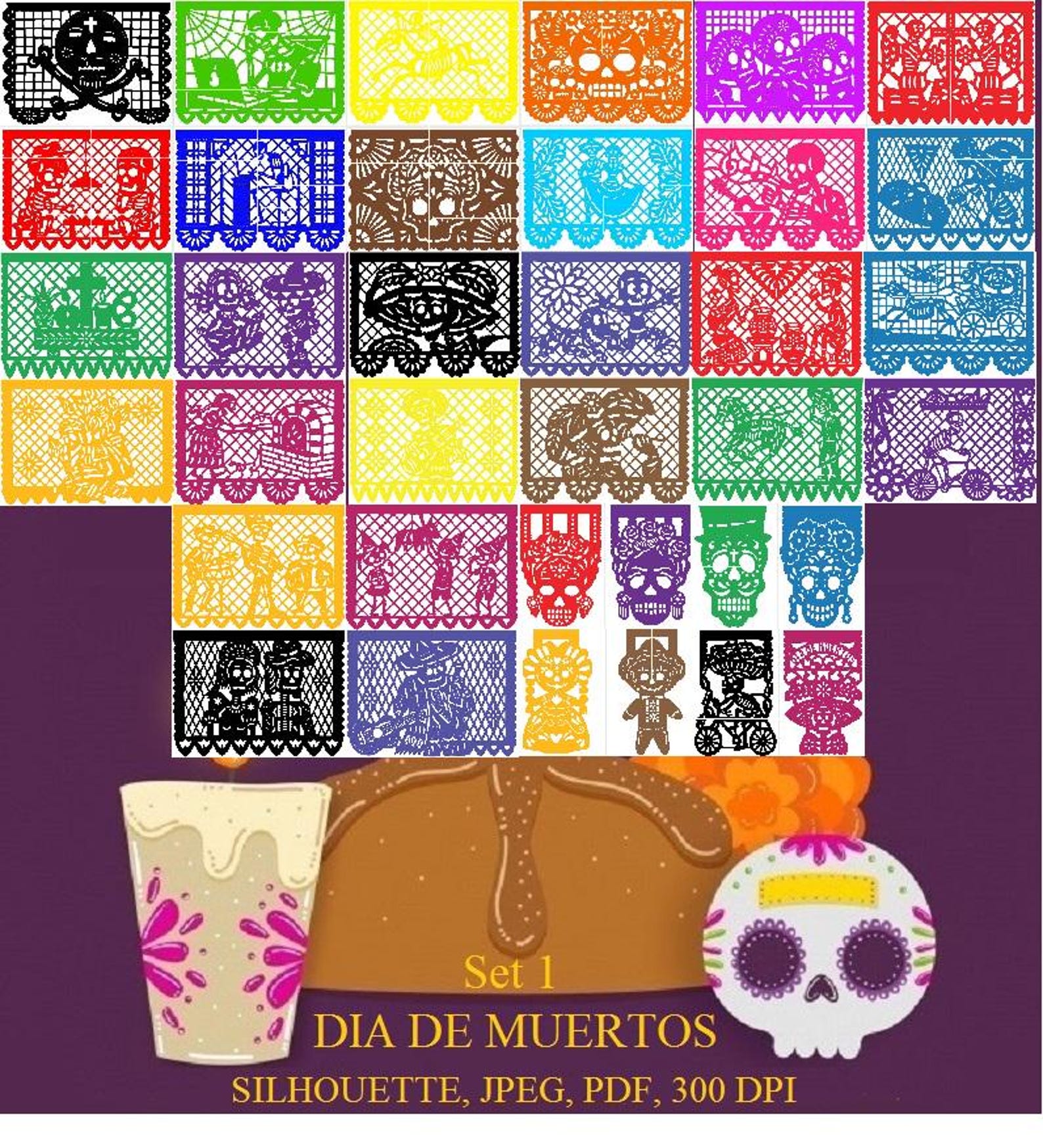 Papel picado clip art set-clip art, arte popular Mexicano, Día de ...