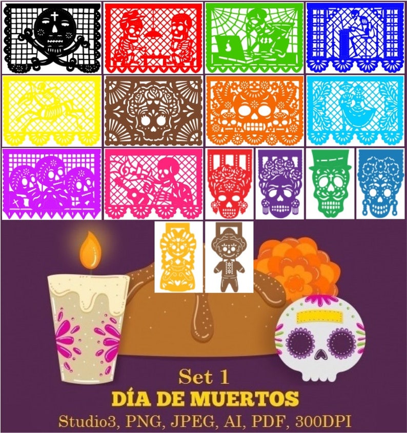 Papel picado clip art set-clip art, arte popular Mexicano, Día de ...