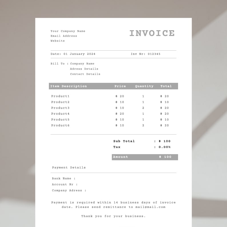 Minimalist Business Invoice Template, Modern Client Invoice | Editable ...