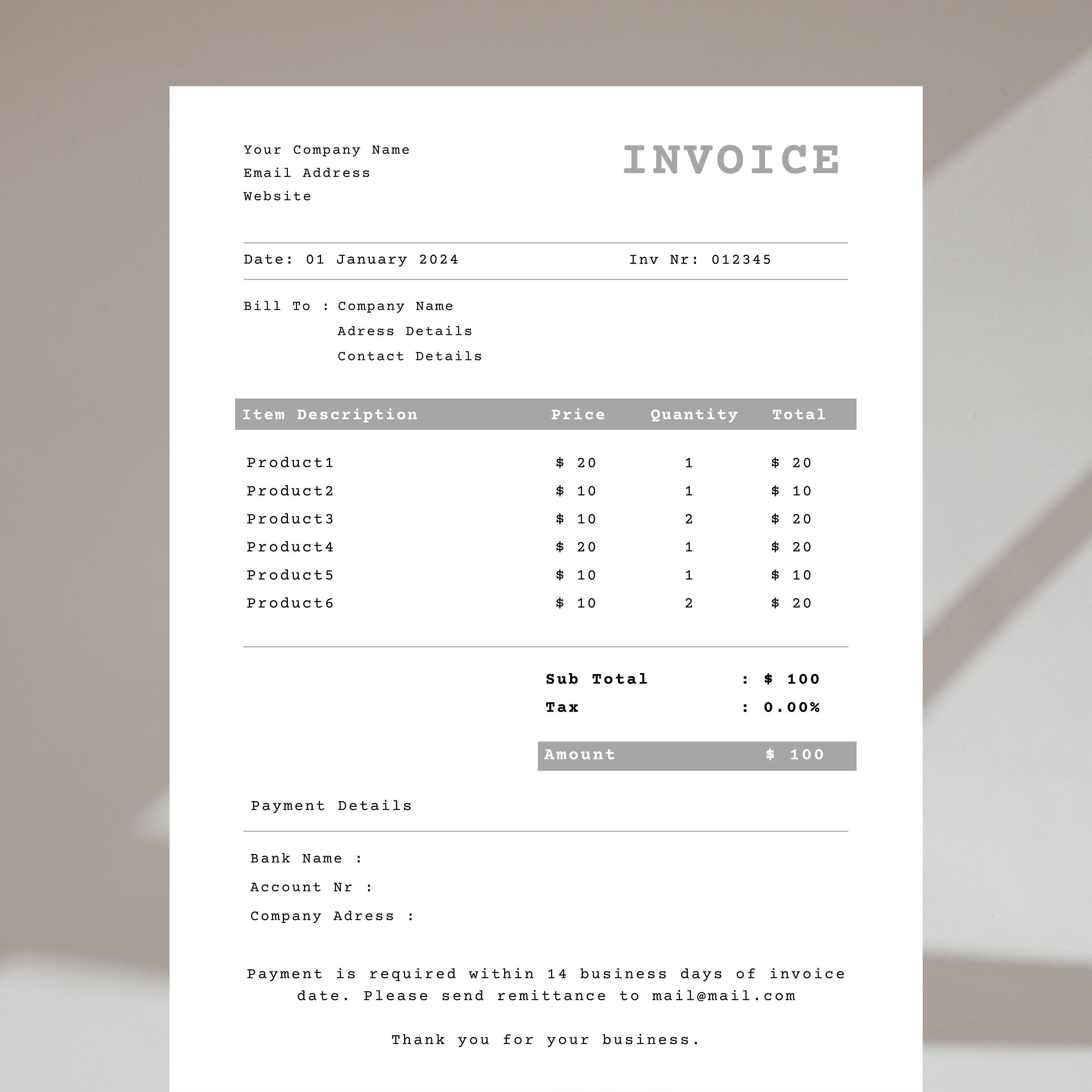 Plantilla De Factura Factura Imprimible Formulario De Pedido Etsy M/plantilla Excel Factura