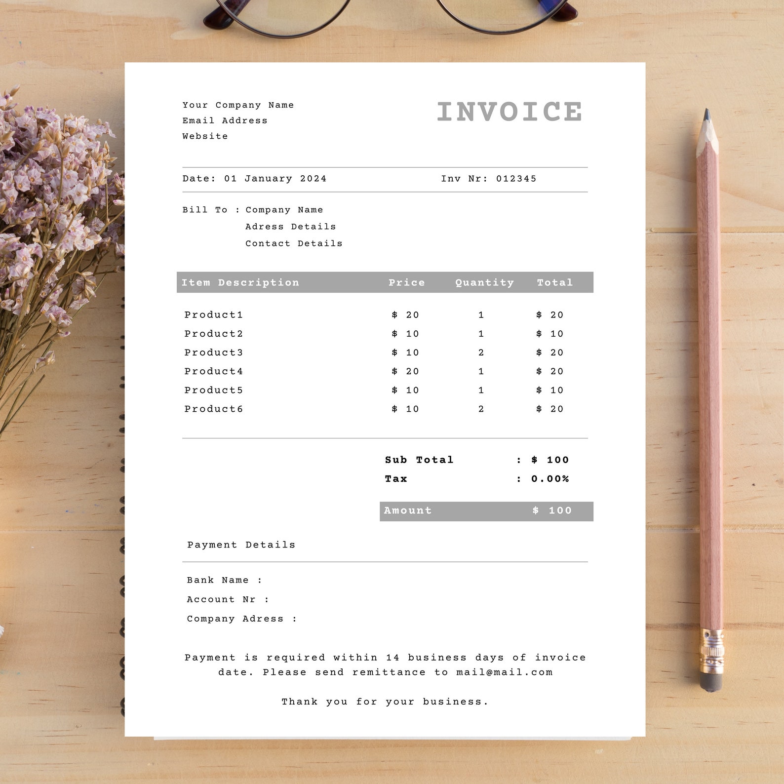 Invoice PDF, Canva Template, A4 Invoice, Letter Invoice, Downloadable ...