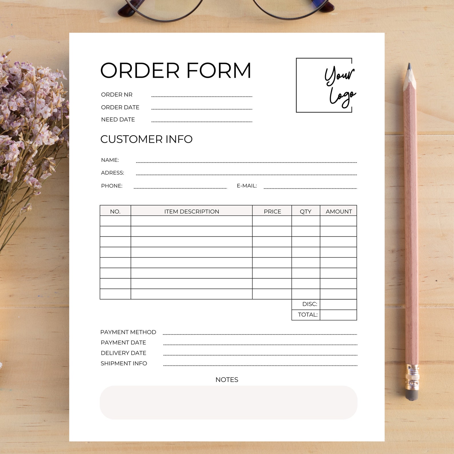 Custom Order Form Template | Purchase Order Form Template | Order Form ...