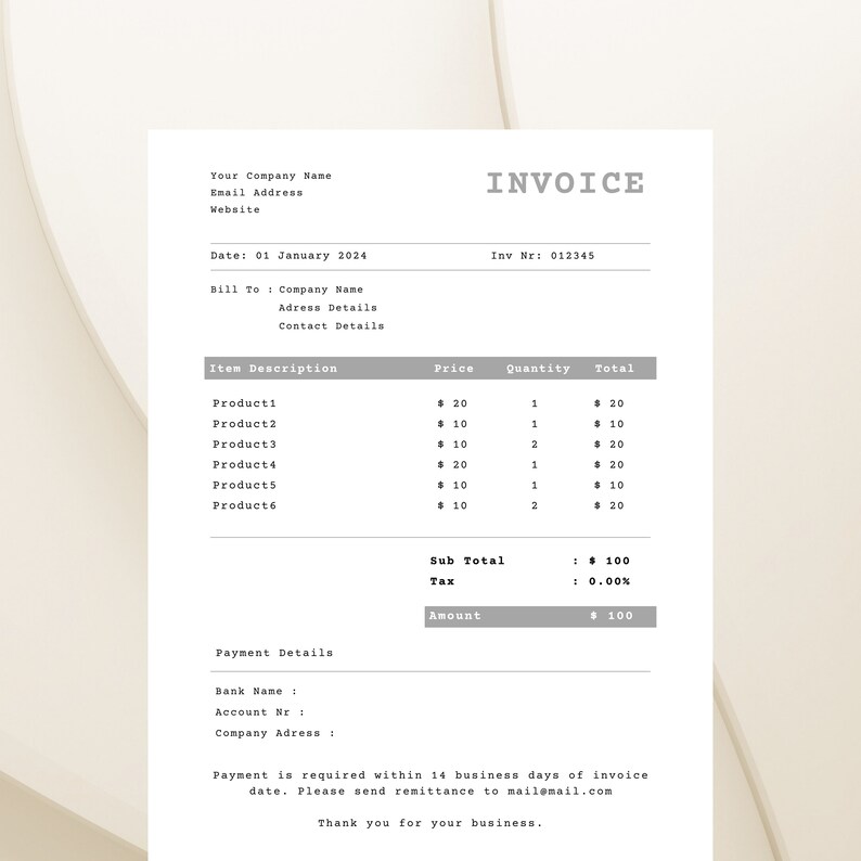 Minimalist Business Invoice Template, Modern Client Invoice | Editable ...