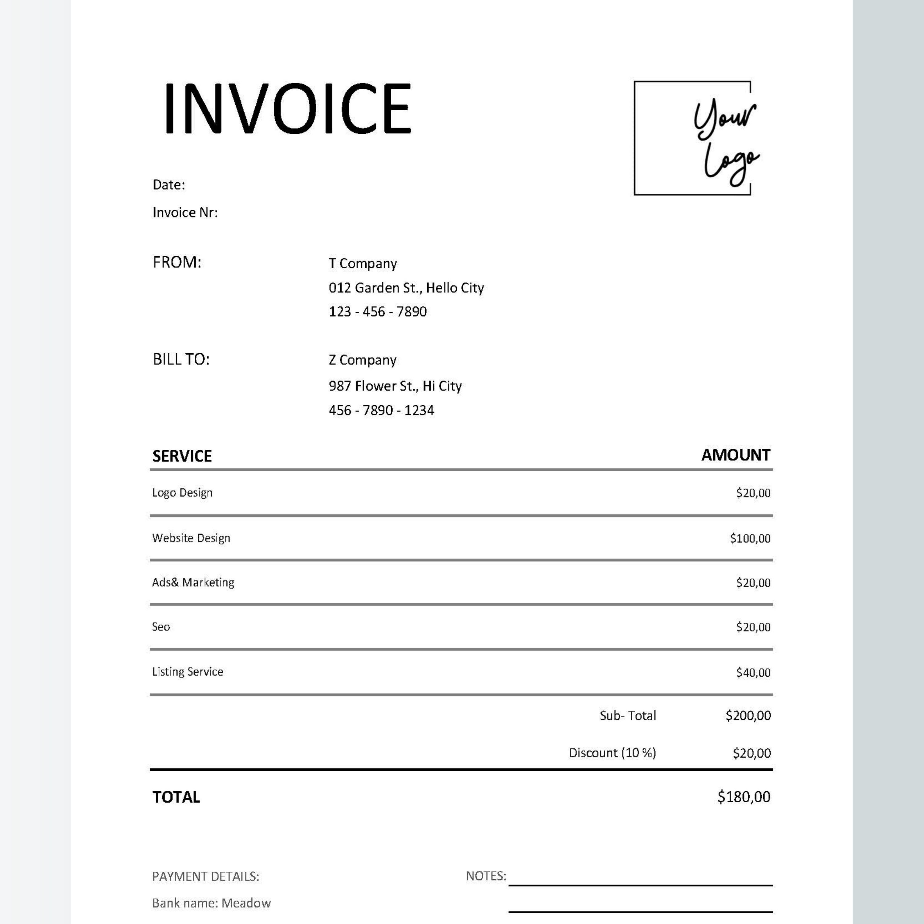 Editable Business Invoice Template: Minimalist Form (PDF, Google Docs ...