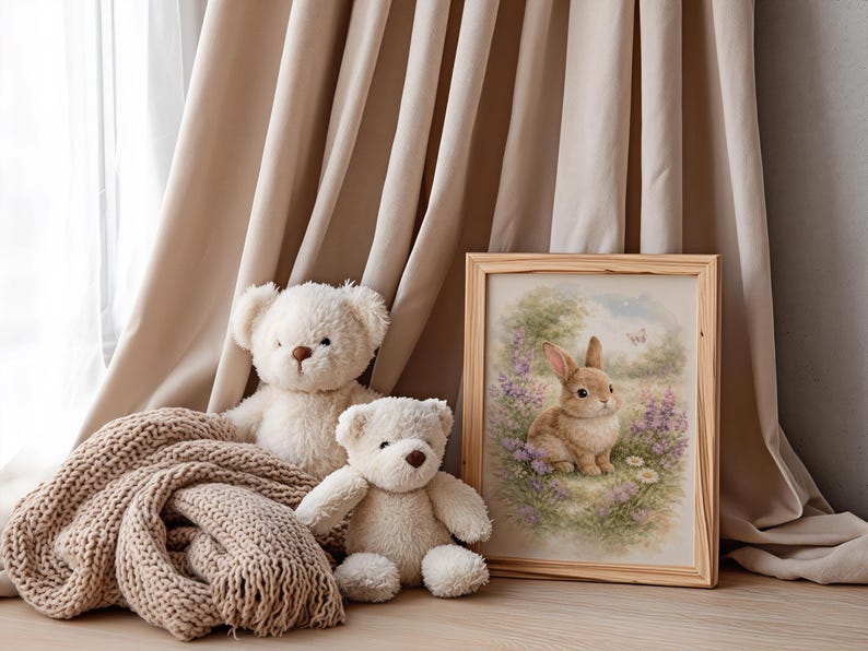 Vintage Cottagecore Rabbit in Floral Meadow - Cozy Nursery Wall Art ...