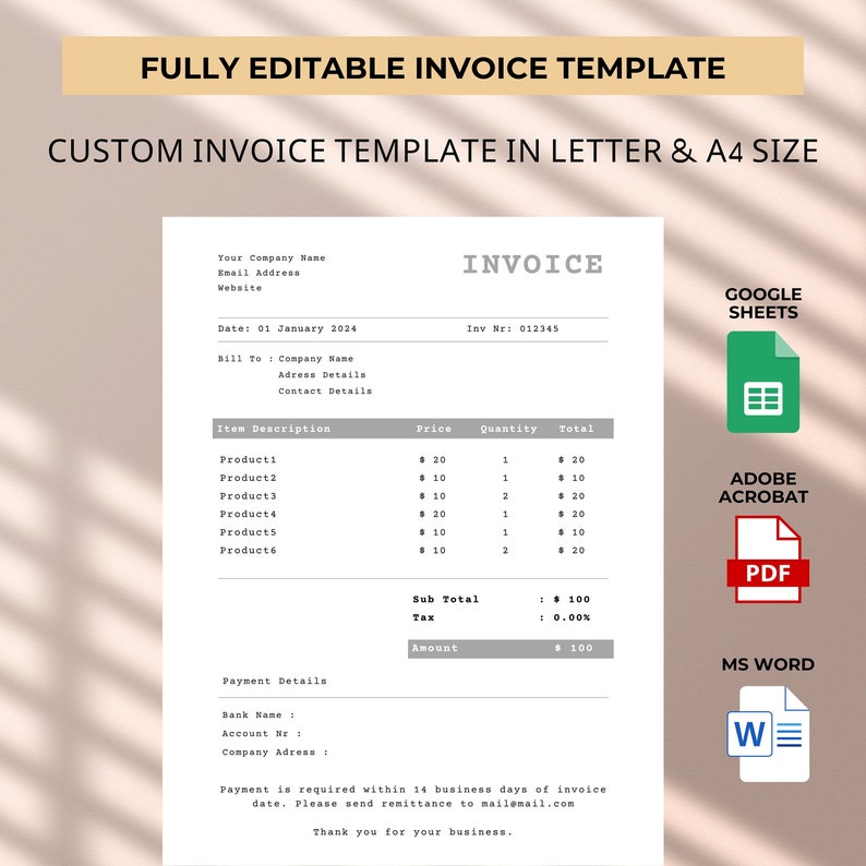 Invoice Template | Printable Invoice | Business Form | Editable Invoice ...