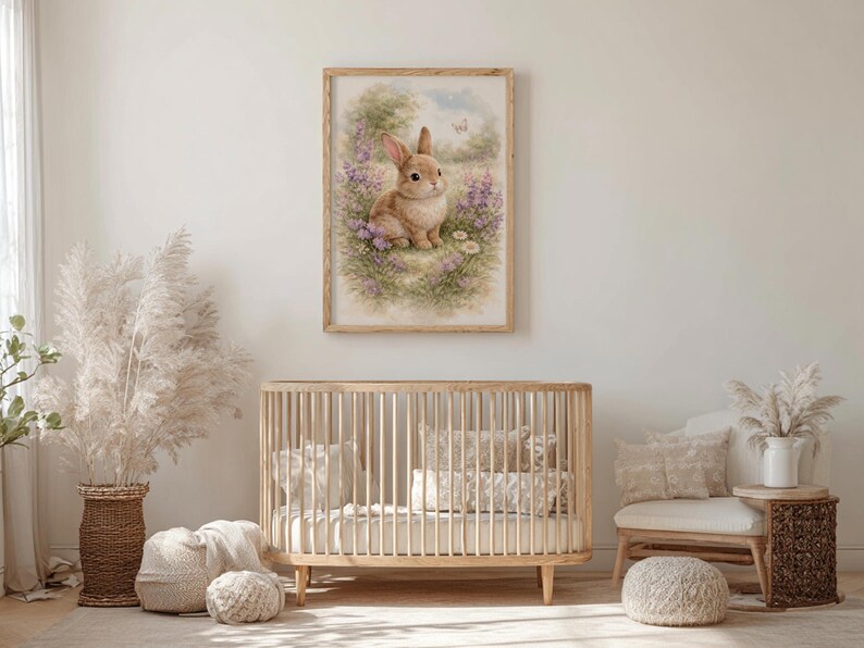 Vintage Cottagecore Rabbit in Floral Meadow - Cozy Nursery Wall Art ...