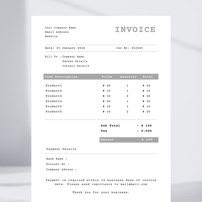 Invoice PDF, Canva Template, A4 Invoice, Letter Invoice, Downloadable ...