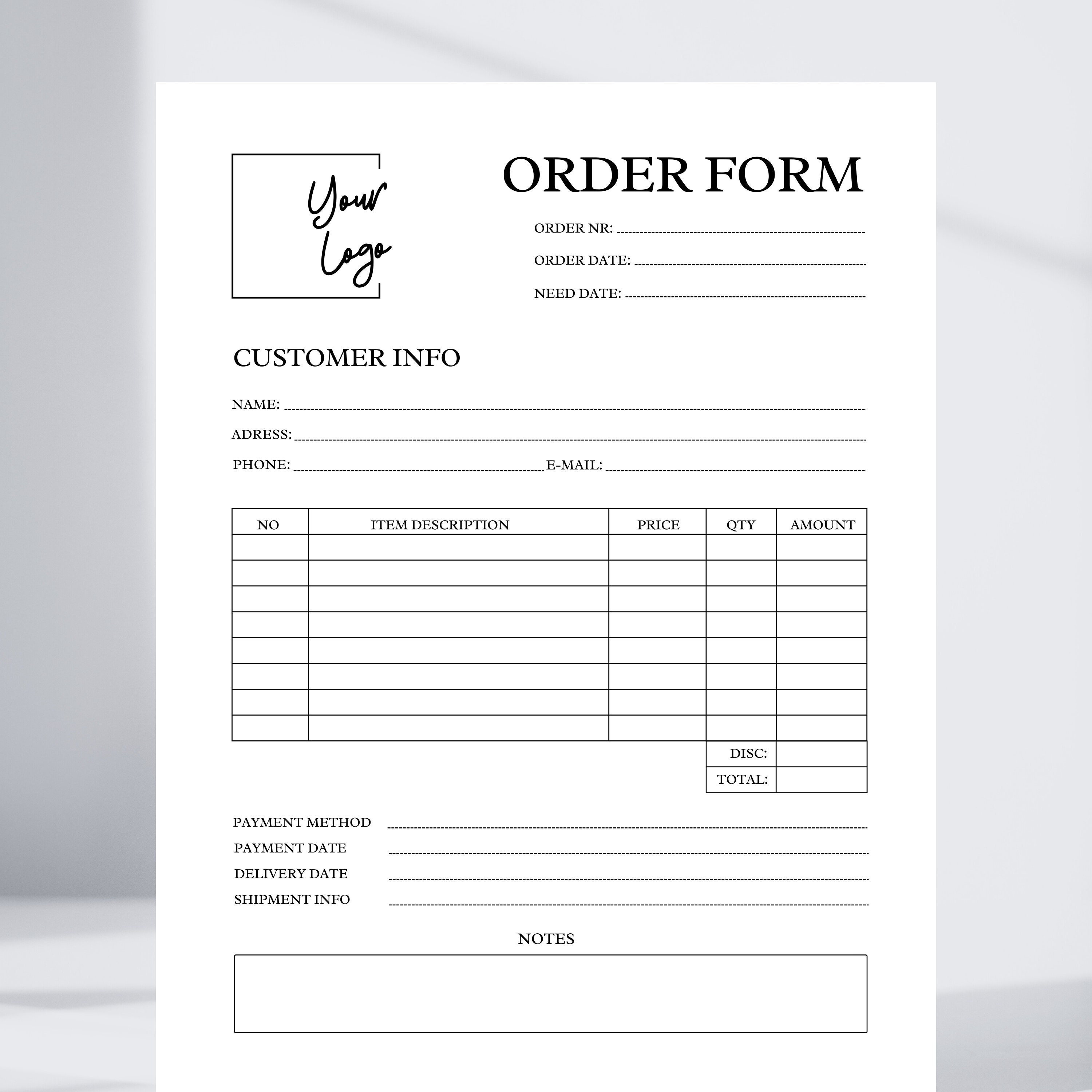 Custom Order Form Template Purchase Order Form Template Order Form ...