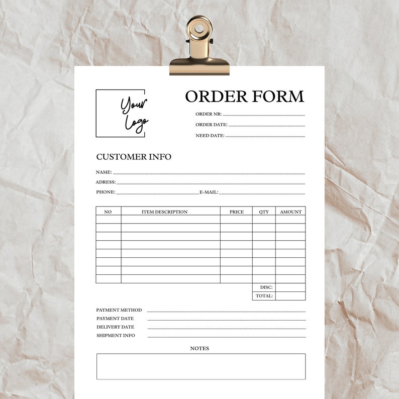 Editable Custom Order Form Template: Printable Small Business Form ...