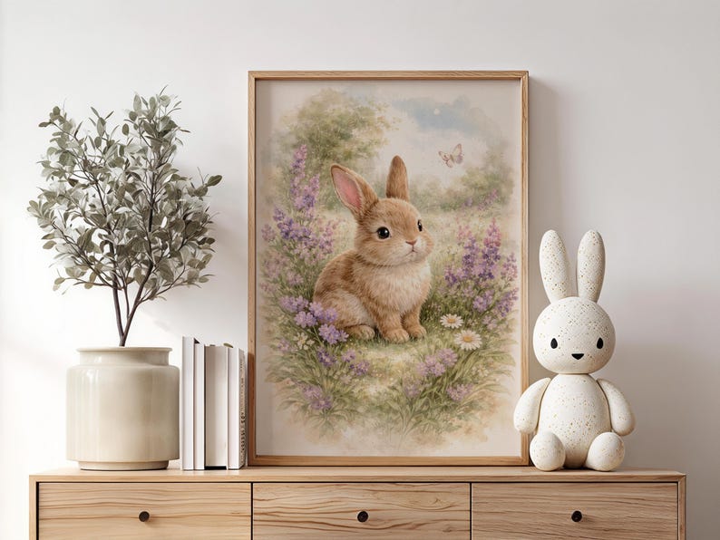 Vintage Cottagecore Rabbit in Floral Meadow - Cozy Nursery Wall Art ...