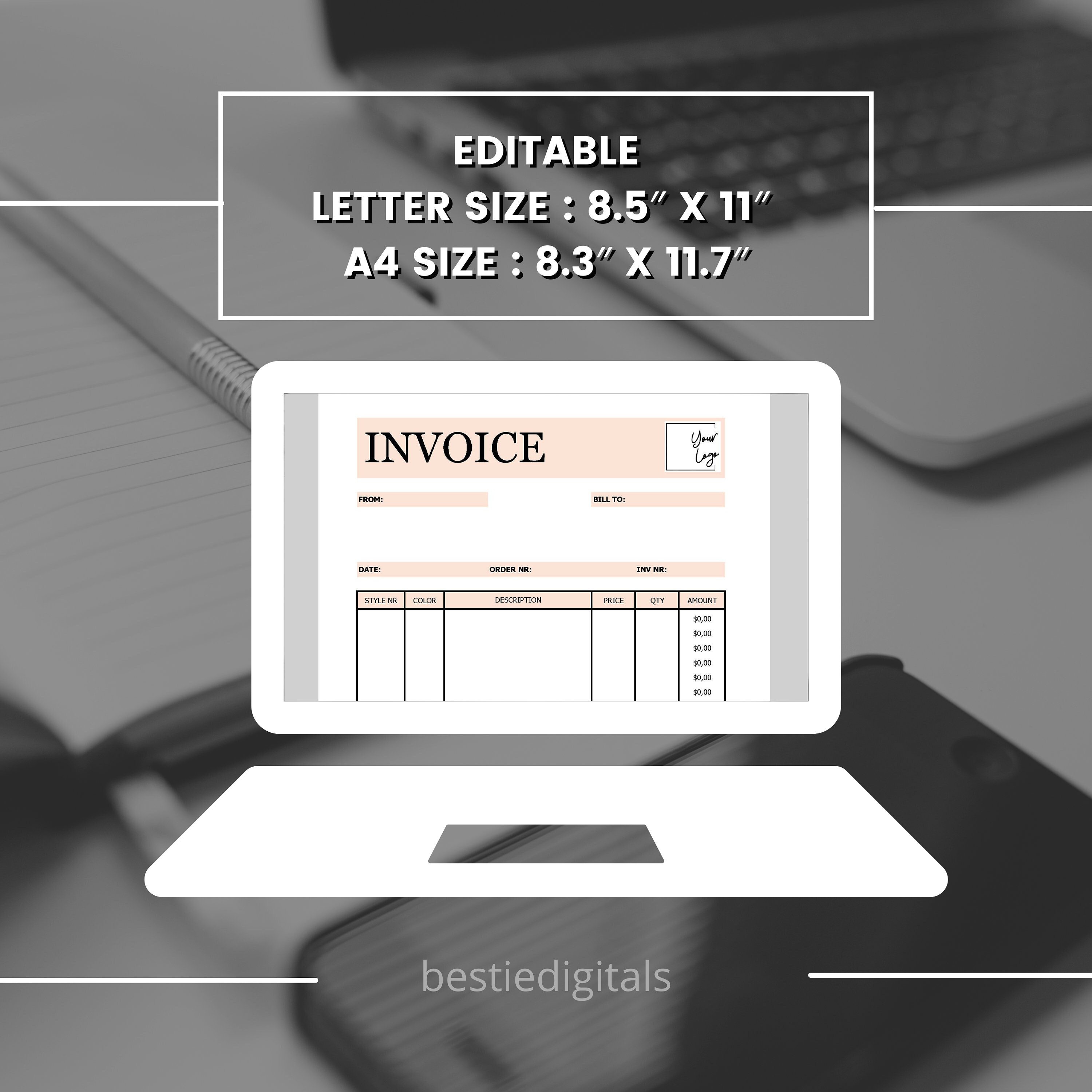 Editable Business Invoice Template: Minimalist Excel Sheet (instant ...