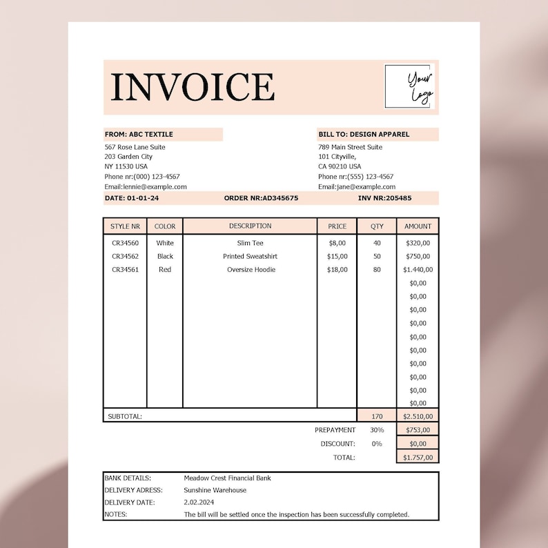 Custom Invoice Template, Editable Invoice Sheet, Small Business ...