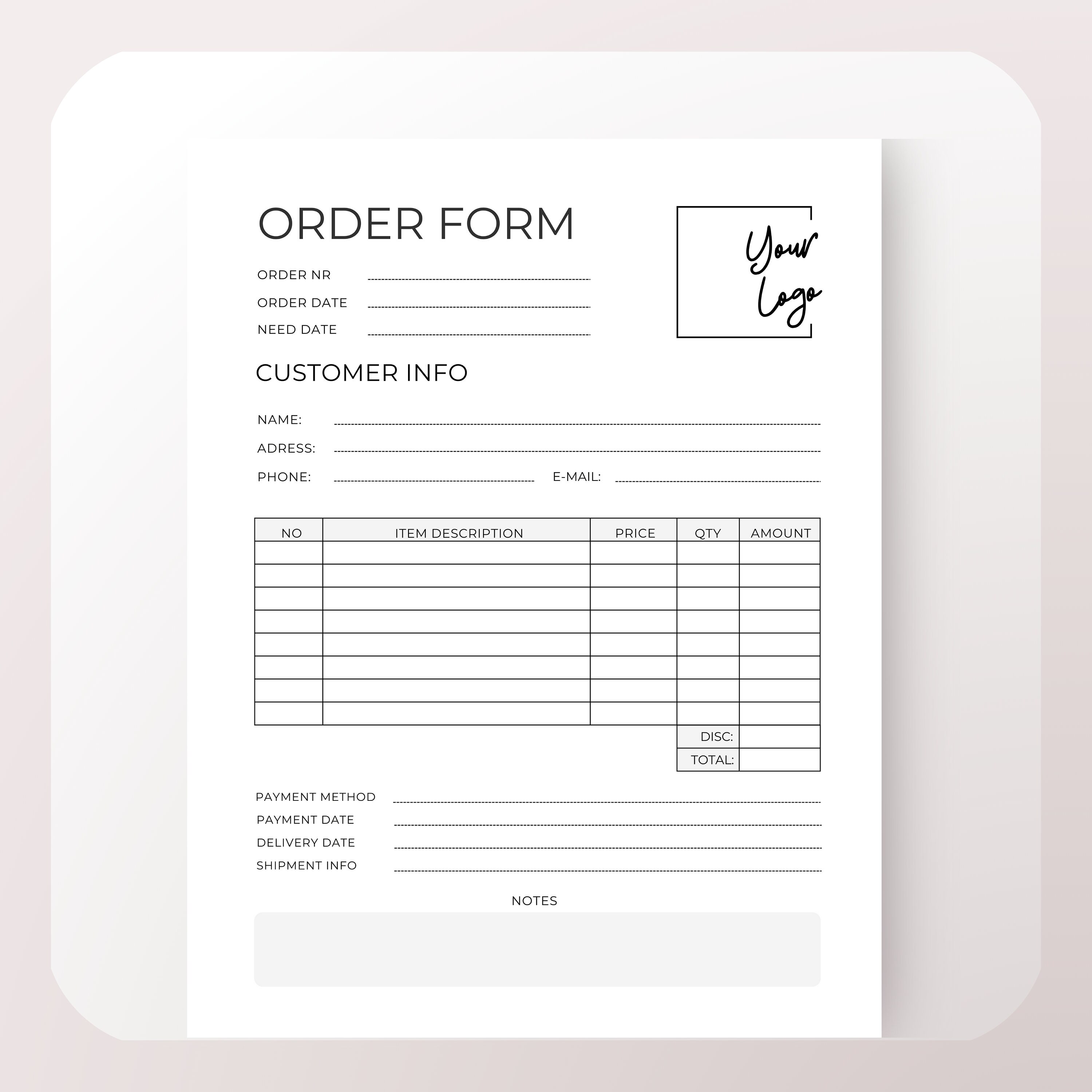 Customizable Canva Order Form Template | Printable Digital Invoice for ...