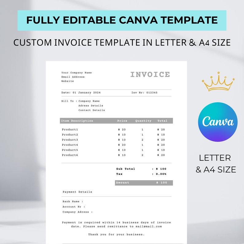 Editable Invoice , Canva Template | Invoice Template | Printable Invoice | Editable Invoice ...