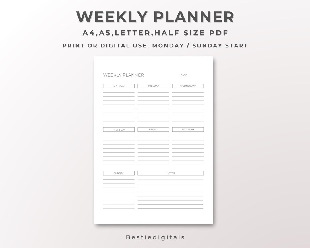 Printable Weekly Planner A4, A5, Letter, Half Letter Fillable PDF ...