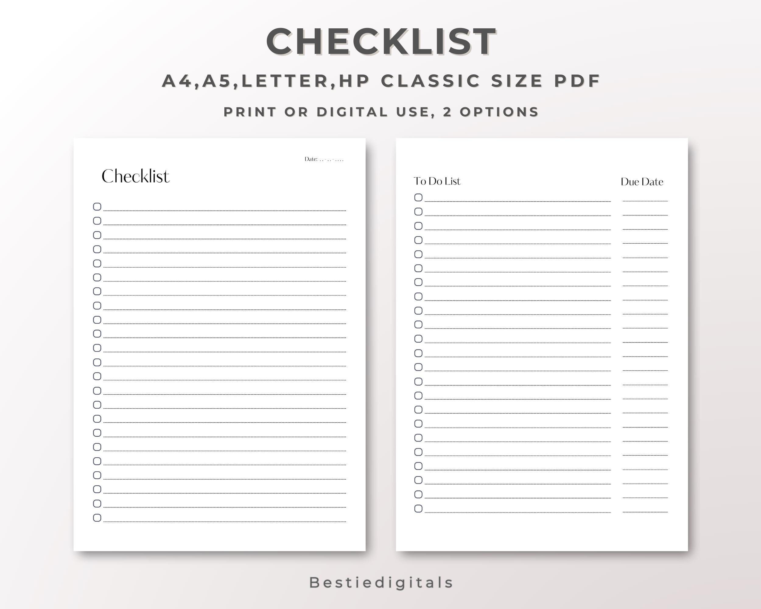 Printable PDF Form Checklist A4, A5, HP Planner & Letter Size Instant ...