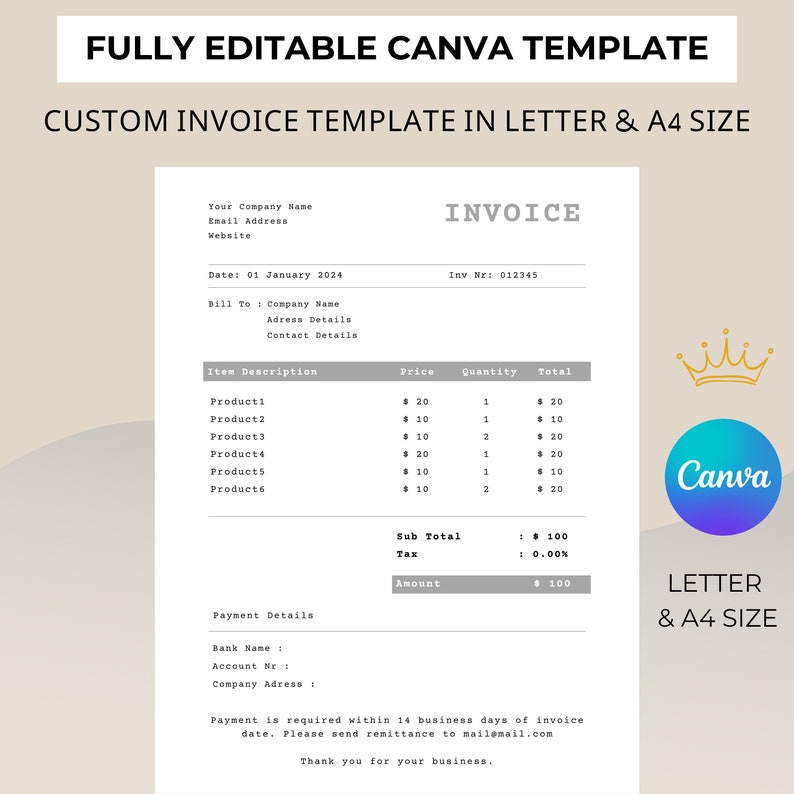 Invoice PDF, Canva Template, A4 Invoice, Letter Invoice, Downloadable ...
