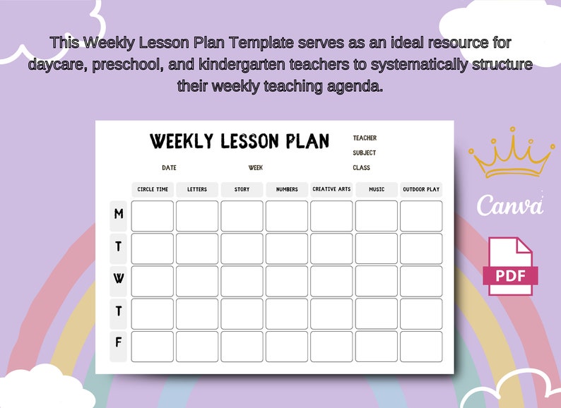 Editable Weekly Lesson Plan Template: Preschool, Daycare, Kindergarten ...