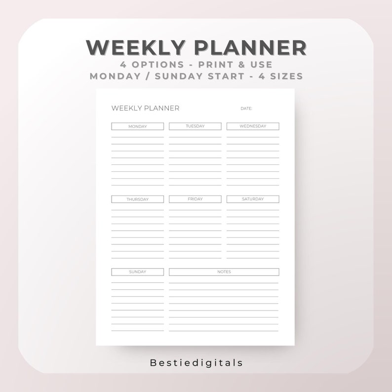 Printable Weekly Planner A4, A5, Letter, Half Letter Fillable PDF ...