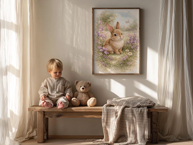Vintage Cottagecore Rabbit in Floral Meadow - Cozy Nursery Wall Art ...