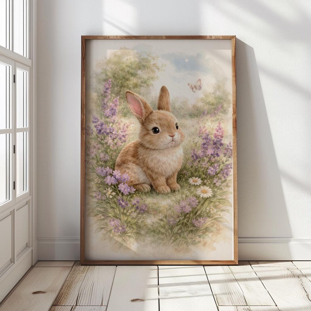 Vintage Cottagecore Rabbit in Floral Meadow - Cozy Nursery Wall Art ...